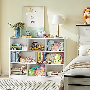 3-Tier Bookshelf, 8-Section Wooden Bookcase, Storage Organizer with Anti-Tilt Device, Modern Storage Display Cabinet for Living Room, Classroom, Kid’s Room (White)