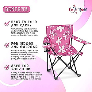 Emily Rose Kids Folding Chair | Pink Kid Beach Chair with Safety Lock- Camping Chair for Girls Toddler with Cup Holder & Carry Case- Tailgate, Travel, Beach, Lawn- for Indoor & Outdoor