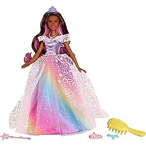 Barbie Dreamtopia Royal Ball Princess Doll, Brunette Wearing Glittery Rainbow Ball Gown, with Brush and 5 Accessories, Gift for 3 to 7 Year Olds