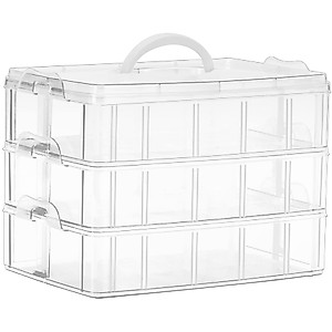 Sooyee 3-Tier Stackable Craft Organizers and Storage Box with 30 Compartments,Bead Organizer,Plastic Storage Box for Toys,Dolls, Arts and Craft, Washi Tape, Rock Collection, Ribbons,Clear