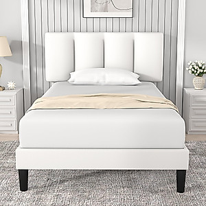 VECELO Twin Bed Frames, Upholstered Platform Bedframe, Adjustable Headboard, Wood Slat Support, No Box Spring Needed, Easy Assembly, White