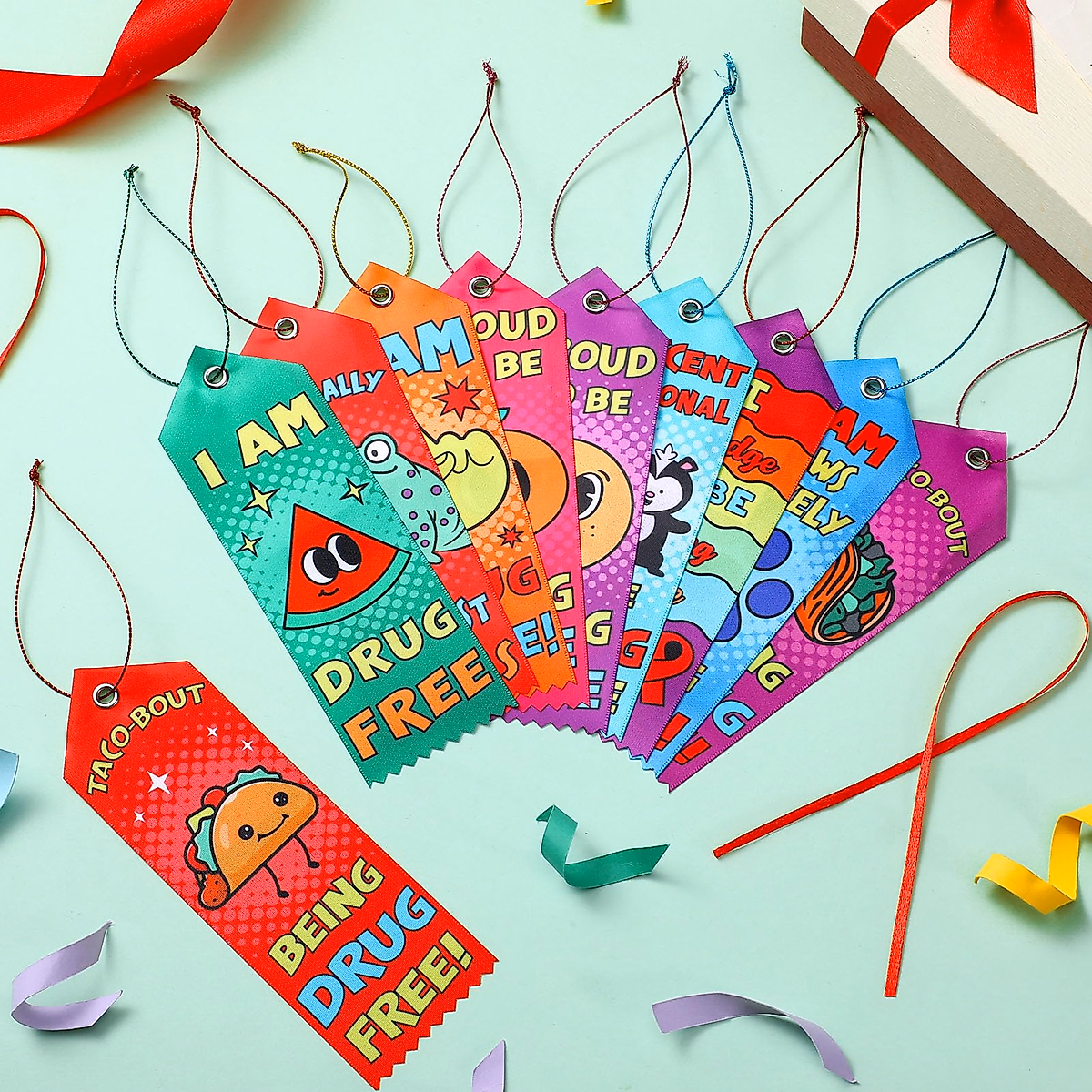 Hollowfly 60 Pcs Red Ribbon Week Award Ribbons Bulk Drug Free Participant Award Ribbon Red Ribbon Participant Medal Ribbons with Card and Rope for Red Ribbon Week School Office Drug Prevention Favors