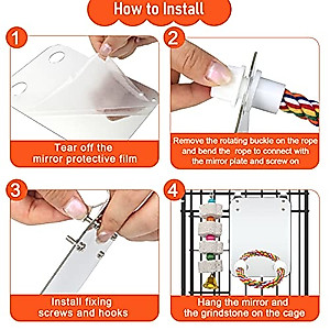 Catcan Bird Cage Mirror, Bird Mirror with Perch Rope for Cage Cockatiels Cotton Rope Standing Bar Parrot Mirror with Parrot Molar Toy Pendant