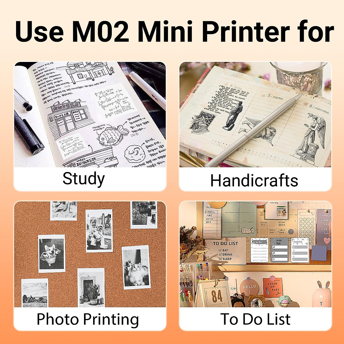 Phomemo M02 Sticker Printer - 2024 Mini Pocket Printer Portable Thermal Inkless Photo Printer via Bluetooth - Good for Exam Notes, Study Notes, Scrapbooking, Journal, Work, Gifts