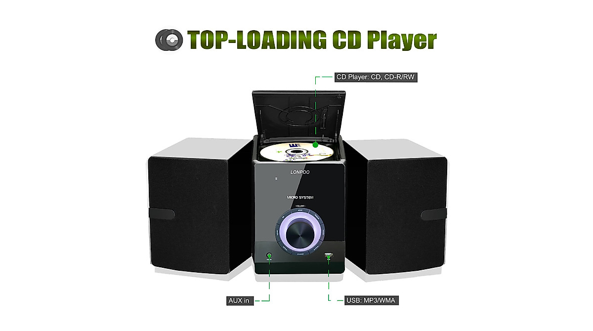LONPOO Compact CD Stereo System - Bluetooth & FM Radio