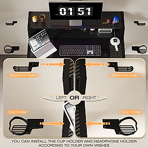 ZhengKai OS Gaming Computer Desk–33 Inch Ergonomic Home Office Desk with 3-Tier Design, Large Carbon Fiber Surface, 1mm Steel Tube Frame, Cup Holder, and Headphone Hook – Black (Black)