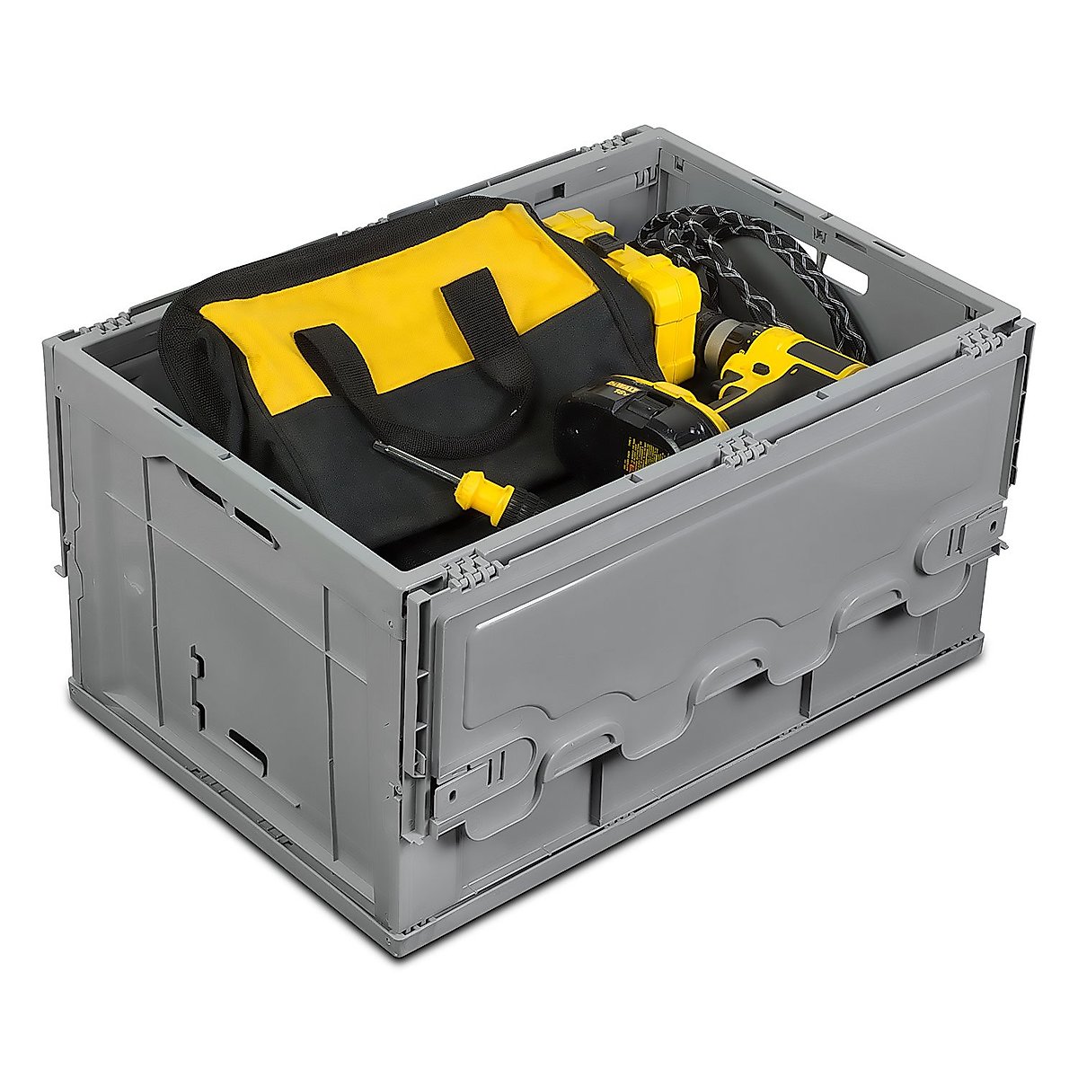 Mount-It! Collapsible Plastic Storage Crate, Folding and Stackable Utility Distribution Container with Attached Lid, 65L Liter Capacity, Pack of 1