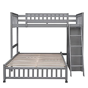 Twin Over Full Bunk Beds with Storage, Wooden L-Shape Bunk Bed Frame with 6 Drawers and Flexible Shelves, Bottom Platform Bed with Wheels can Movable, No Box Spring Needed (Grey)