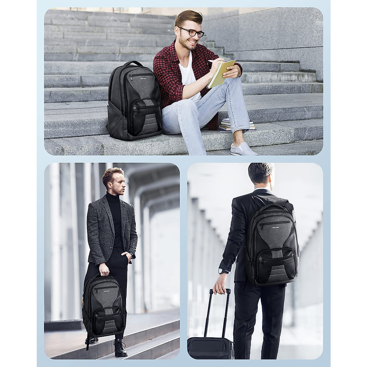 LIGHT FLIGHT Travel Backpack, Laptop Backpack for Men, School College Bookbag, 17.3 Inch Computer Backpack Business Back Pack, Work Bag with USB Charging Hole, 40L Large Casual Daypack, Black grey