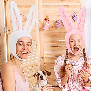Syhood 2 Pieces Plush Bunny Ears Hats Rabbit Costume Hood Fun Warm Hats for Women Men Christmas Easter Party Decoration (White, Pink)