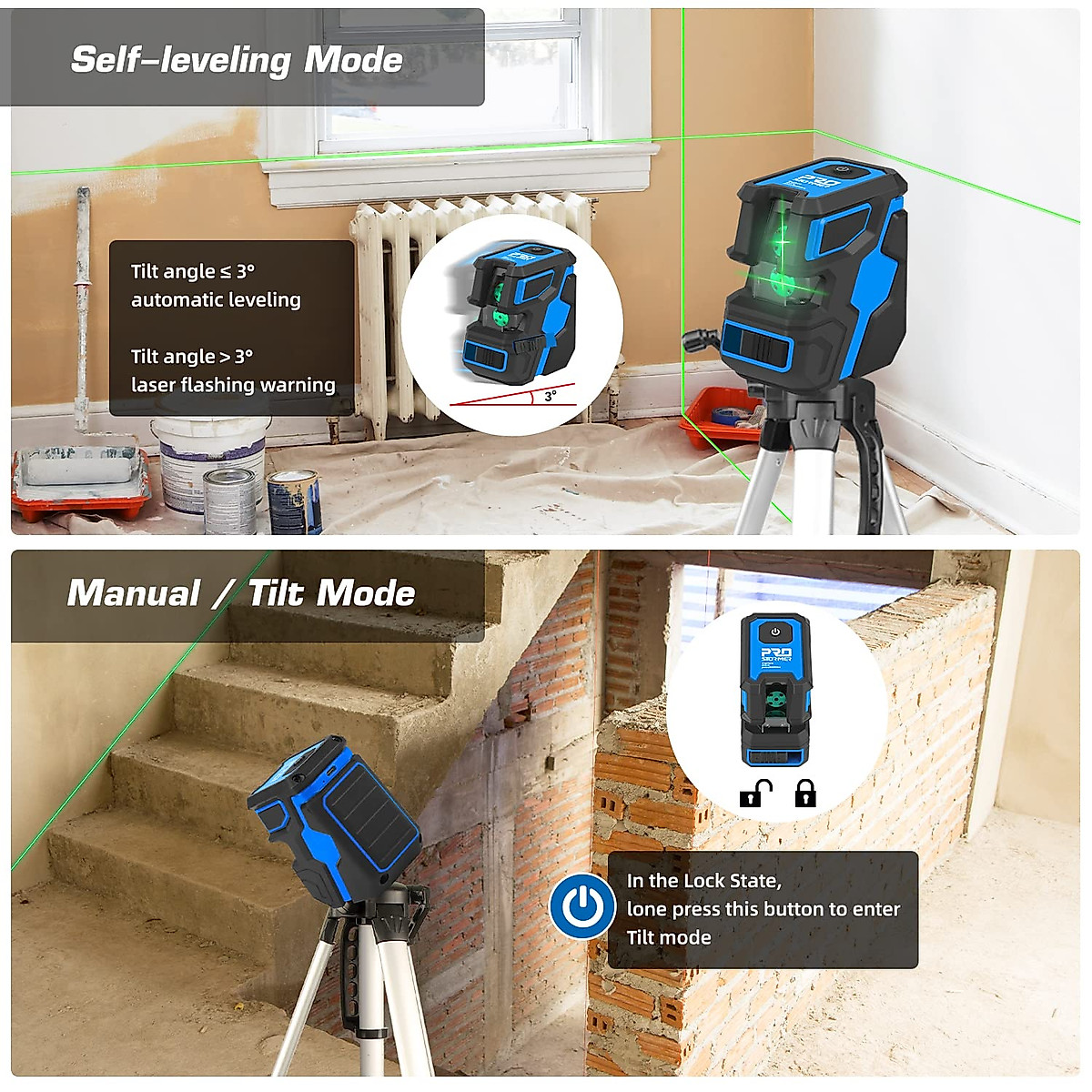 Laser Level Self-Leveling, Prostormer Horizontal and Vertical Cross Line Level Kit with Rechargeable Battery, Adjustable Magnetic Stand and Storage Bag for Picture Hanging, Tiling and Construction