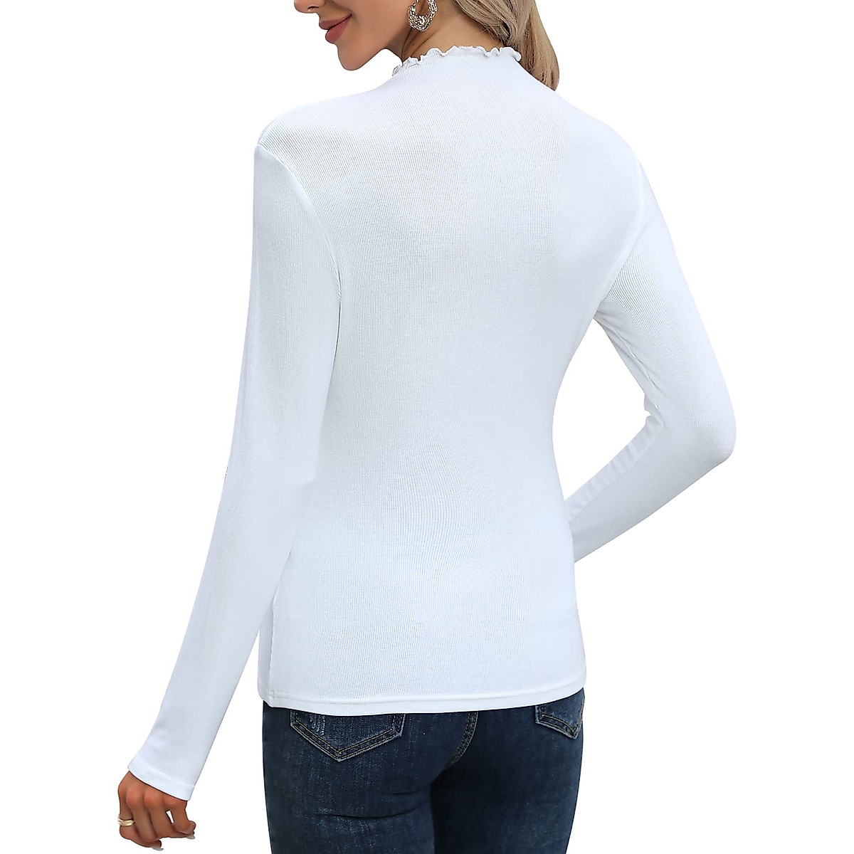 ciciread Women's Lettuce Trim Mock Neck Long Sleeve Slim Fit Sexy Ribbed Knit Tee Shirt Tops (as1, Alpha, l, Regular, Regular, White)