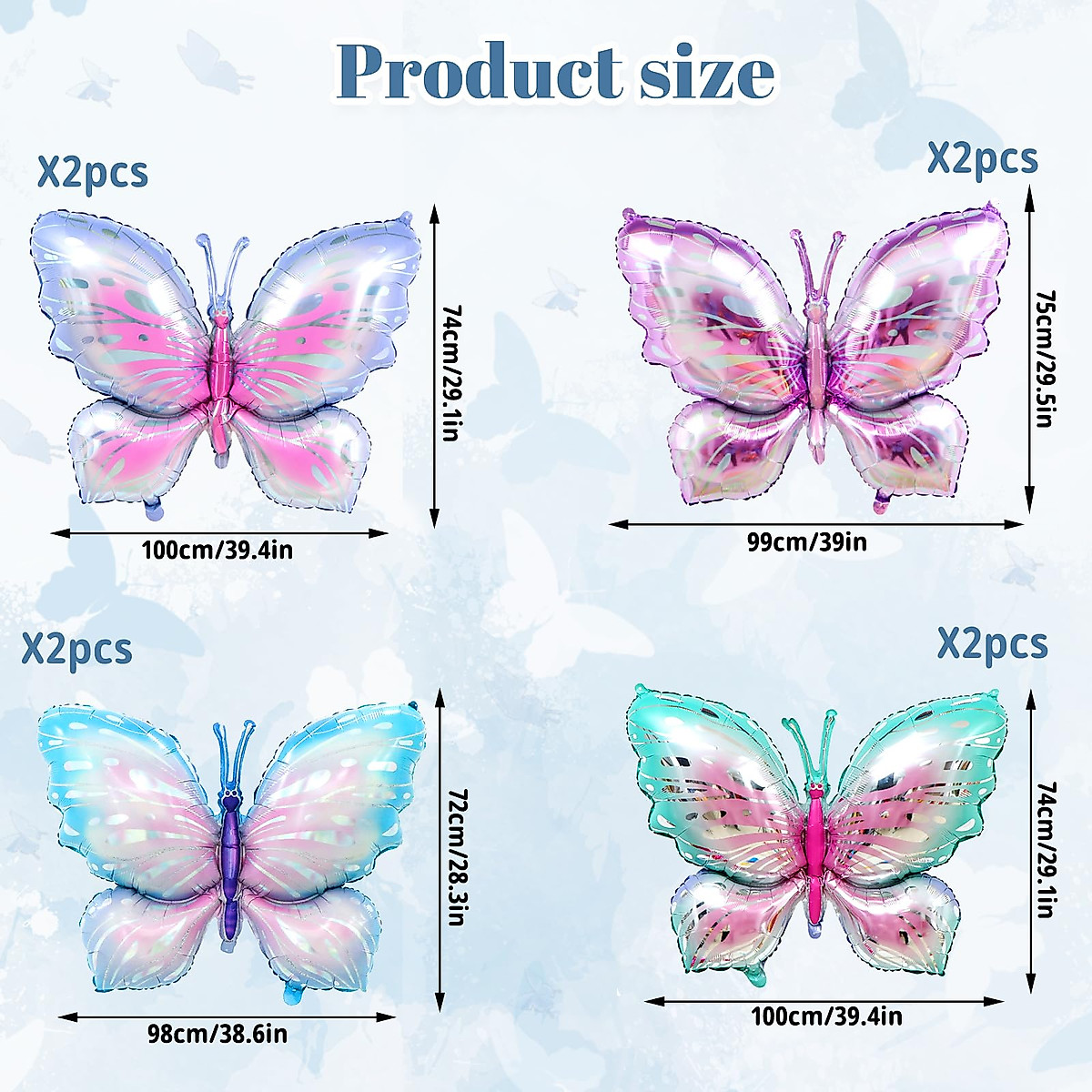 8PCS Butterfly Balloons, Gradient Giant Butterfly Foil Mylar Balloon Butterfly Birthday Decorations for Butterfly Theme Birthday Party Wedding Supplies (Pink Purple, Blue,Green)