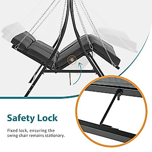 MCombo 3-Seat Reclining Patio Swing Chair with Chain Armrests, Outdoor Porch Swing Chair with Cushions and Pillows for Backyard, Poolside, Deck 4354 (Dark Grey)