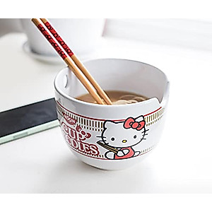 Hello Kitty Cup Noodles Japanese Ceramic Dinnerware Set | Includes 20-Ounce Ramen Bowl and Wooden Chopsticks | Asian Food Dish Set For Home Kitchen | Kawaii Anime Gifts, Official Sanrio Collectible
