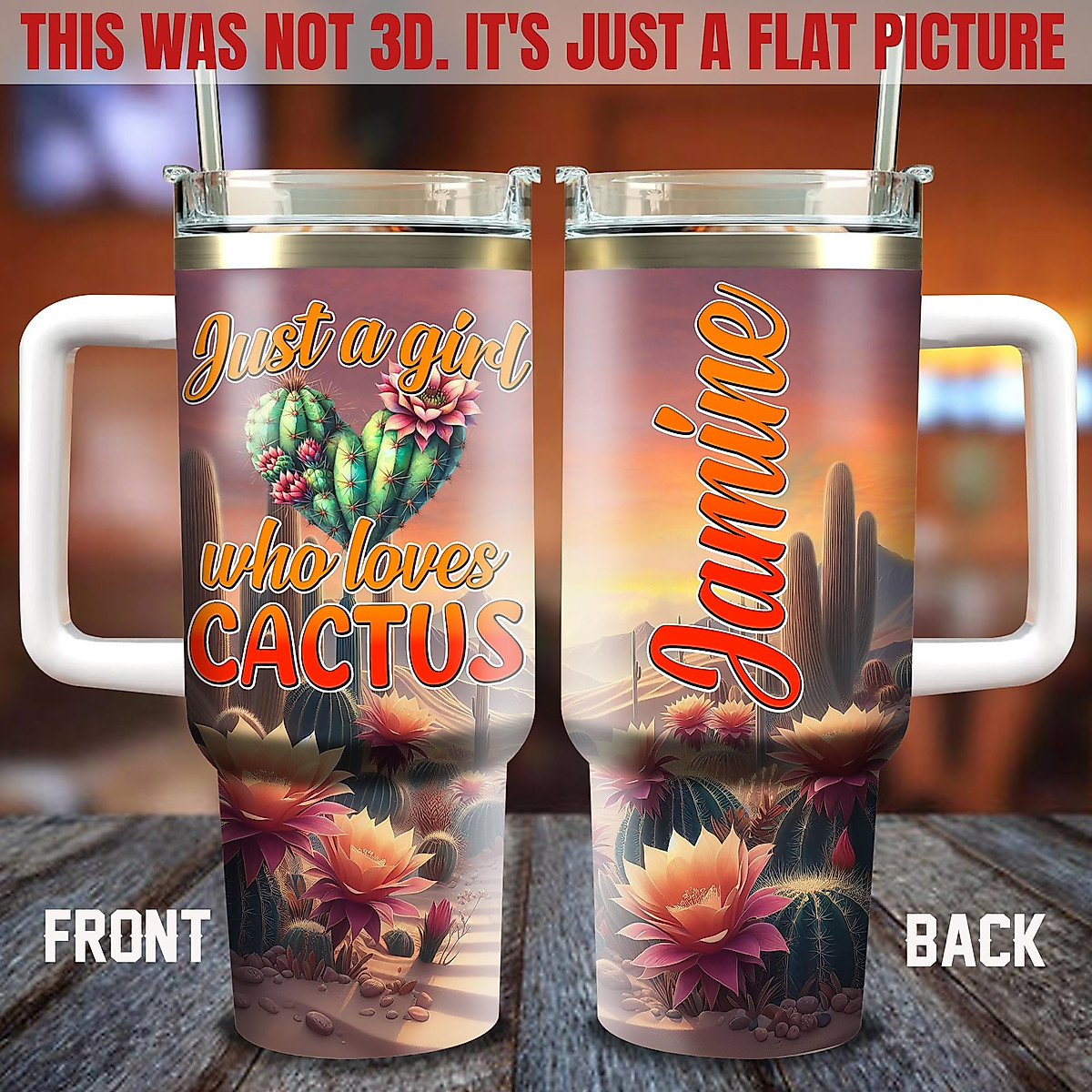 WAZONE Personalized Just A Girl Who Loves Cactus Tumbler 40oz with Handle and Straw Insulated Stainless Steel Tumblers Custom Coffee Cup Themed Gifts Holiday For Women Mothers Her Plant Lover