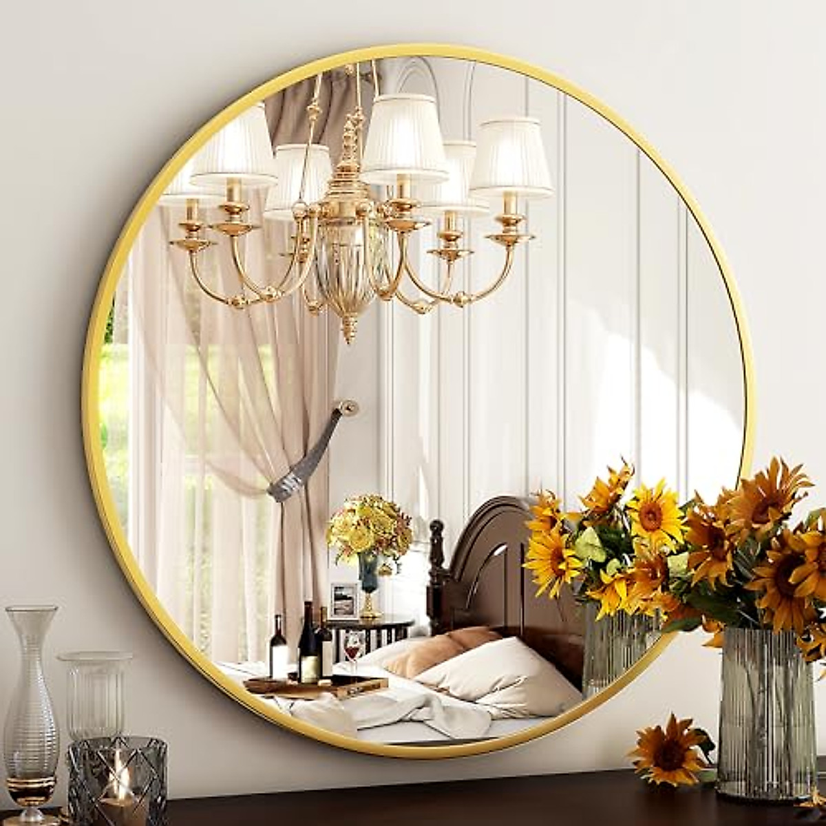 HARRITPURE Round Mirror 30 Gold Wall Mounted Circle Mirrors Vanity Mirror with Brushed Aluminum Alloy Frame Modern Decoration for Bathroom, Living Room, Vanity, Bedroom, Entryway