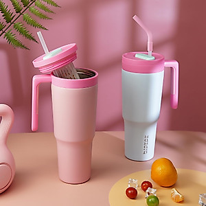 BJPKPK Insulated Tumblers With Handle And Straw 40oz Stainless Steel Travel Coffee Mug Tumbler Cups With Lid And Fruit Infuser,Light Pink