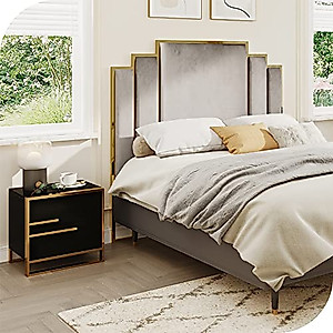 HERNEST Modern Nightstand Storage Cabinet with Solid Wood 2 Drawers Sofa Bedside End Table Glam Steel Frame Accent Furniture Without Assembly for Bedroom/Living Room/Salon/Office, Left Black