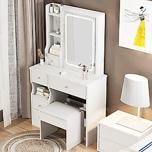 Elevon Small Makeup Vanity Desk with Sliding Mirror LED 3 Lighting Adjustable, Vanity Table Set with 5 Storage Drawer & Chair & Shelves Bedroom Furniture, White