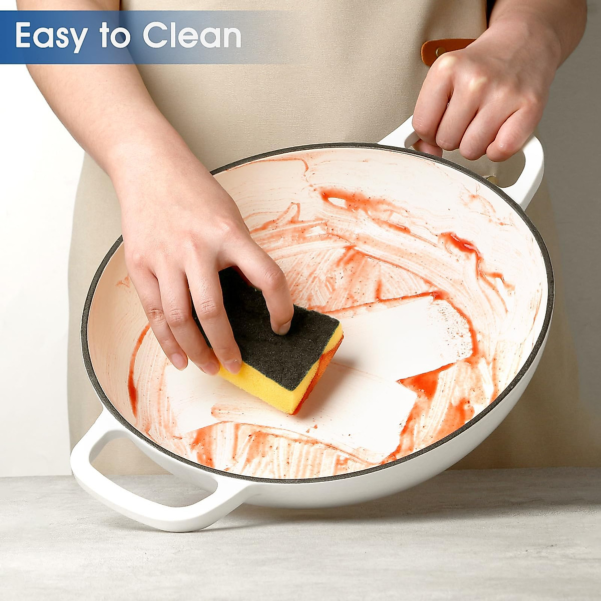 NUTRIUPS 3.6 Quart Braiser Enameled Cast Iron Dutch Oven Pot with Lid, Dutch Oven Cast Iron Non Stick Larger Handle, Cast Iron Braiser Pan with Lid Enameled Dutch Oven (Beige + white)