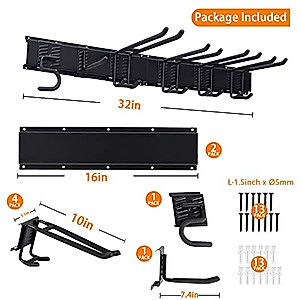 Garage Tool Storage Rack, 32 Inch Adjustable Garage Organizer Wall Mounted 8 PCS Garage Storage with 6 Hooks, Super Heavy Duty Garden Tool Hanger for Shovels, Rake Shovel Yard Tools，Hold Up to 300lbs