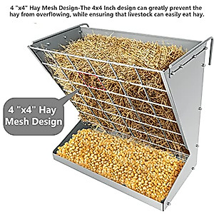 YXJSTO Wall Mount Hay Rack, Heavy-Duty Galvanized Metal 2 in 1 Hay and Grain Feeder, Livestock Feeder with Adjustable Distance, Hay Feeder for Goats, Sheep, Horse