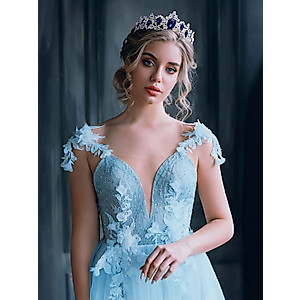 SWEETV Royal CZ Crystal Tiara for Women, Blue Wedding Crown for Brides, Princess Headpieces Bridal Hair Accessories for Birthday Party Pageant, Sapphire+Silver,Eleanor