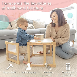 Kiddy Glee Montessori Weaning Table and Chair Set for Toddlers - Premium Wood Design for Childs Age 1-5, Kids Activity Table for Learning/Dining/Playing, Cube Chair, Lalo, 5 in 1 Montessori Furniture