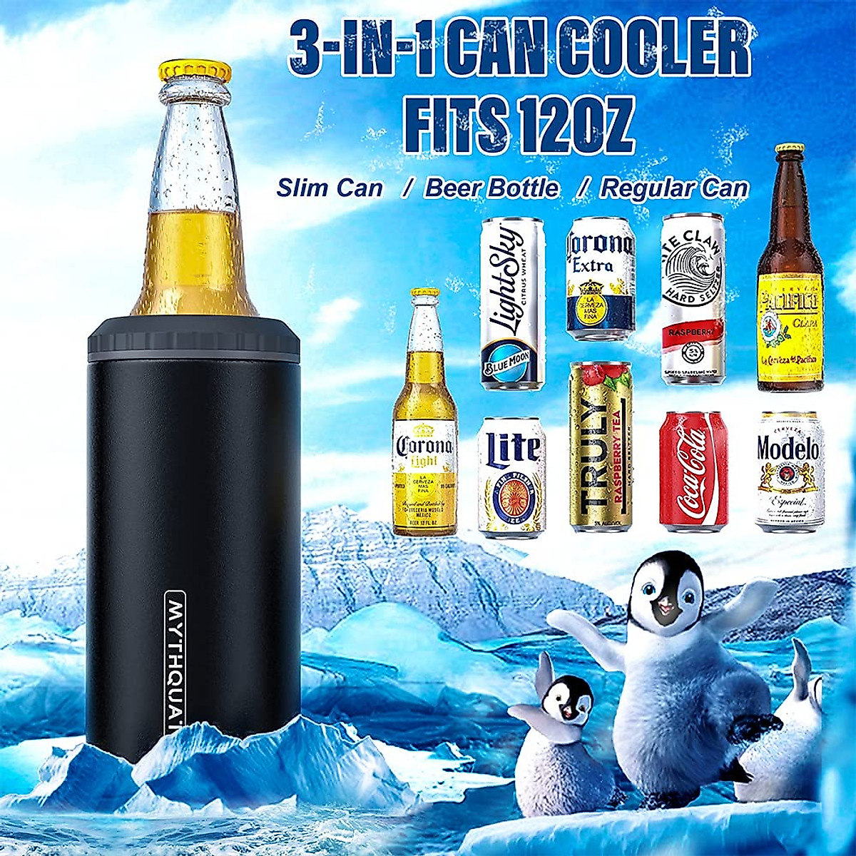 3 in 1 Slim Can Cooler for 12 OZ Skinny Can, Regular Can & Beer Bottle - Keep Cold for 6 Hours - Double Walled Insulated Stainless Steel Vacuum Beverage Can Insulator (Matte Black)