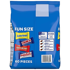 Butterfinger, CRUNCH, Baby Ruth and 100 Grand, Bulk 60 Pack, Assorted Fun Size Chocolate Candy Bars, 37.2 oz