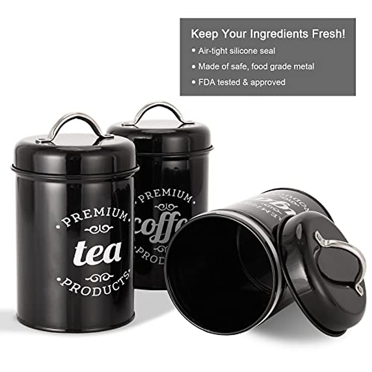3 Piece Food Jars Canisters Sets, Airtight Coffee Container, Tea Organizer, And Sugar Canister, Rustic Farmhouse Decor for Kitchen Countertop (Black)