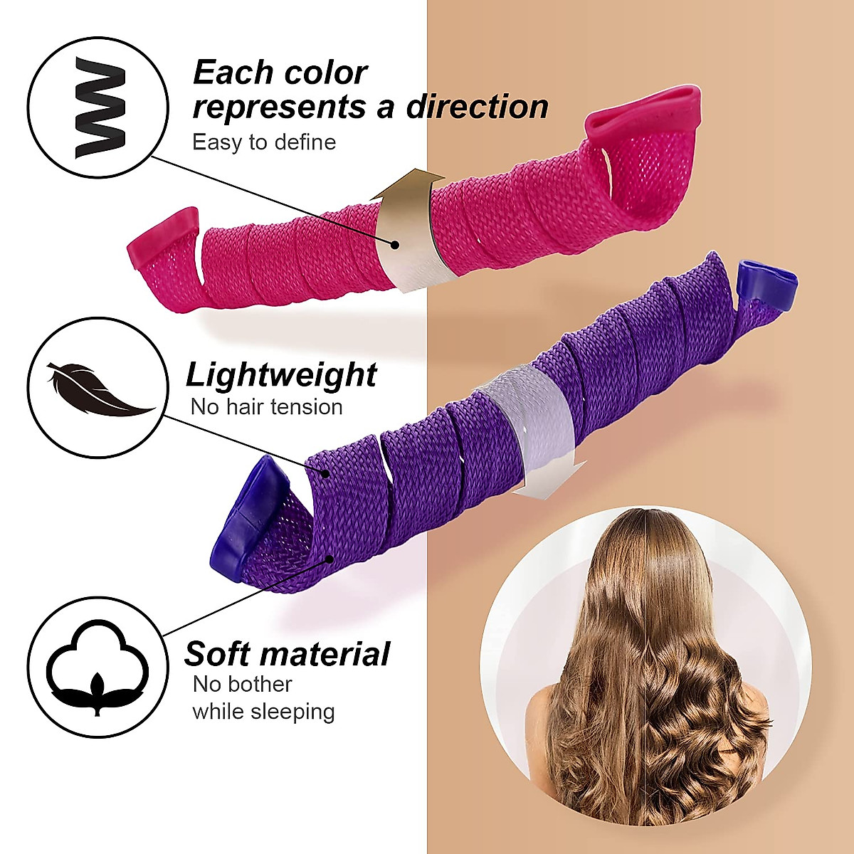 40pcs No Heat Hair Curlers Heatless Spiral Curlers with Styling Hooks 22inch/55cm Magic Hair Rollers No Heat Damage DIY Styling Kit for Women Kids Long Medium Hair