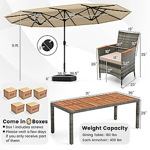 Tangkula 10 Pieces Patio Wicker Dining Set w/Double-Sided Patio Umbrella, Outdoor Acacia Wood Furniture Set w/ 8 Armchairs, 71” Dining Table & 15 ft Umbrella with Weighted Base (Beige)