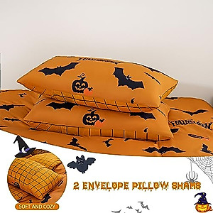 Xruibed Halloween Duvet Cover Set Twin - Pumpkin Bat Orange Bedding With Pillowcase, Horror Comforter Cover for Kids Teens, 2 Pieces, 68"x 86"