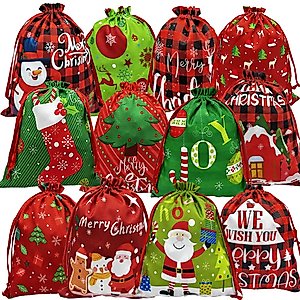 BAISDY 12Pcs Christmas Drawstring Gift Bags Fabric Reusable Christmas Buffalo Plaid Xmas Snowflake Gift Bags for Holiday Party Present Favor