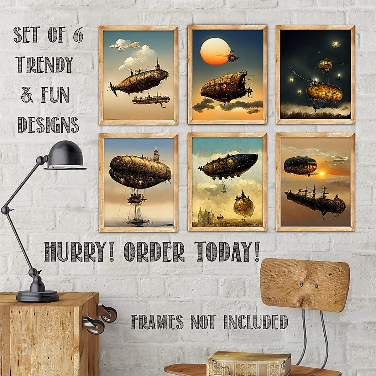 Steampunk Airships Art Prints - Set of Six Gallery Wall Photos (8x10) Unframed Print Poster - Science Fiction Home Decor and Gift For Aviation, Sailing, and Navigation Buffs