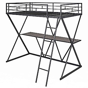 ATY Metal Loft Bed with Wood Desk and Ladder, X-Shaped Twin Size Bedframe w/Full-Length Guardrails, for Kids Teens Adults, Bedroom Furniture, Black