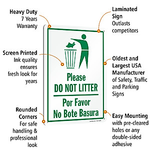 SmartSign 14 x 10 inch “Please Do Not Litter, Por Favor No Bote Basura” Metal Sign, 40 mil Laminated Rustproof Aluminum, Green and White, Made in USA
