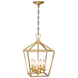 Untrammelife 4-Light Aged Gold Lantern Pendant Light, Adjustable Height Metal Geometric Light Fixture 12’’ Classic Cage Lantern Chandelier for Kitchen Island Hallway, Hand-Pasted Gold Foil Finish