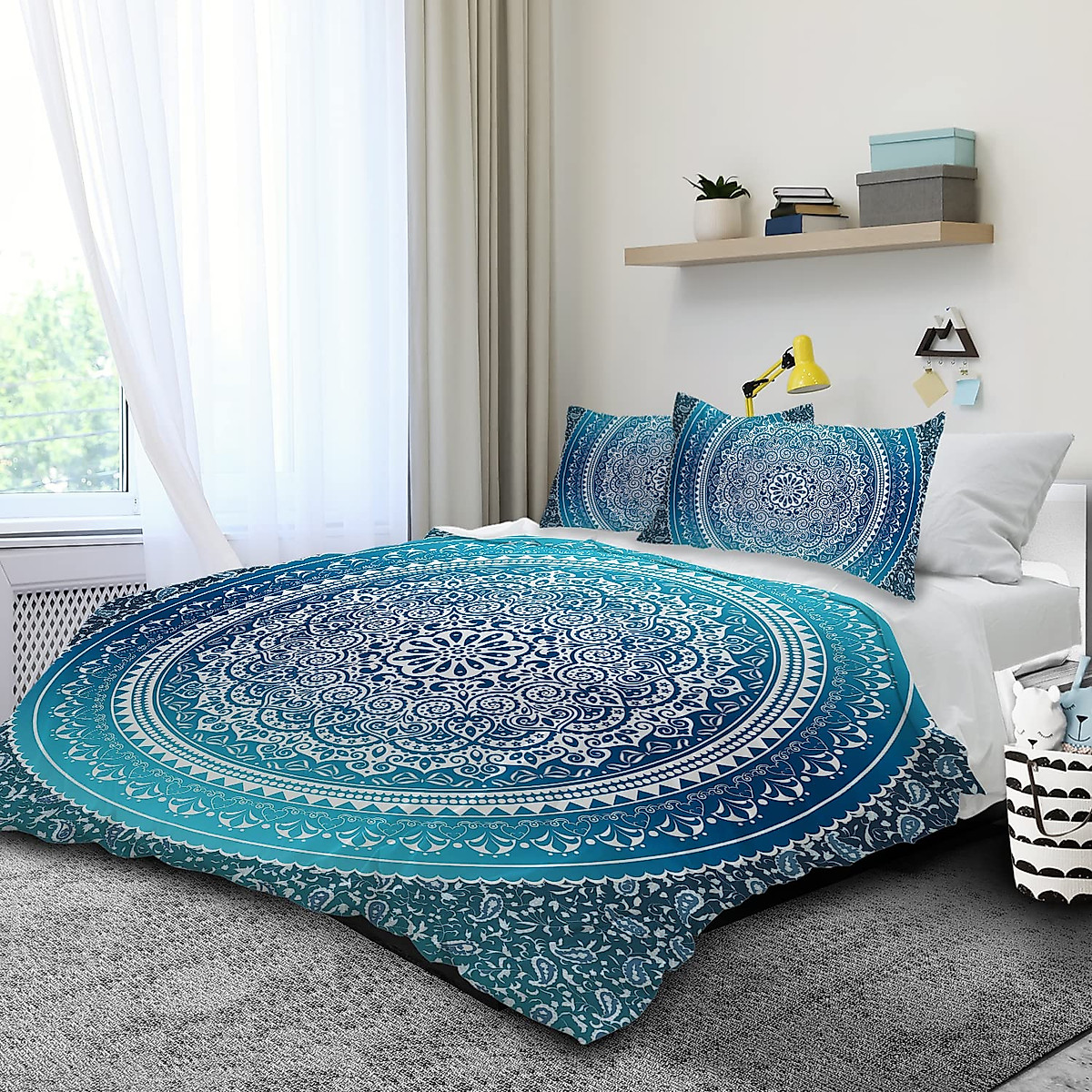 MILANKET Blue Boho Queen Duvet Cover Set, Soft Breathable Microfiber Bohemian Mandala Comforter Cover, 3pcs Luxury Chic Blue Boho Paisley Floral Bedding Set, No Comforter
