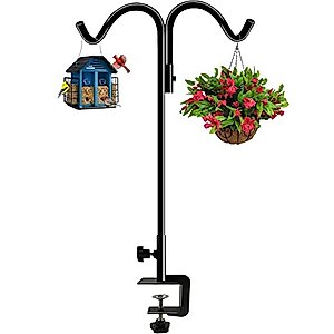 Koutemie 40 Inch Tall Double Deck Hook for Railing, Adjustable Outdoor Shepherds Hook with 2-Inch Strengthened Clamp for Hanging Plant Bird Feeder, 1 Pack