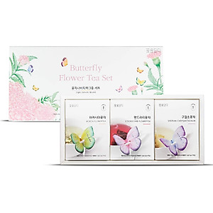 KKOKDAM Fancy Korean Tea Set Sampler – 3 Flavor Pink Variety Pack with Butterfly Tea Bags – Perfect and Elegant Korean Gift Box