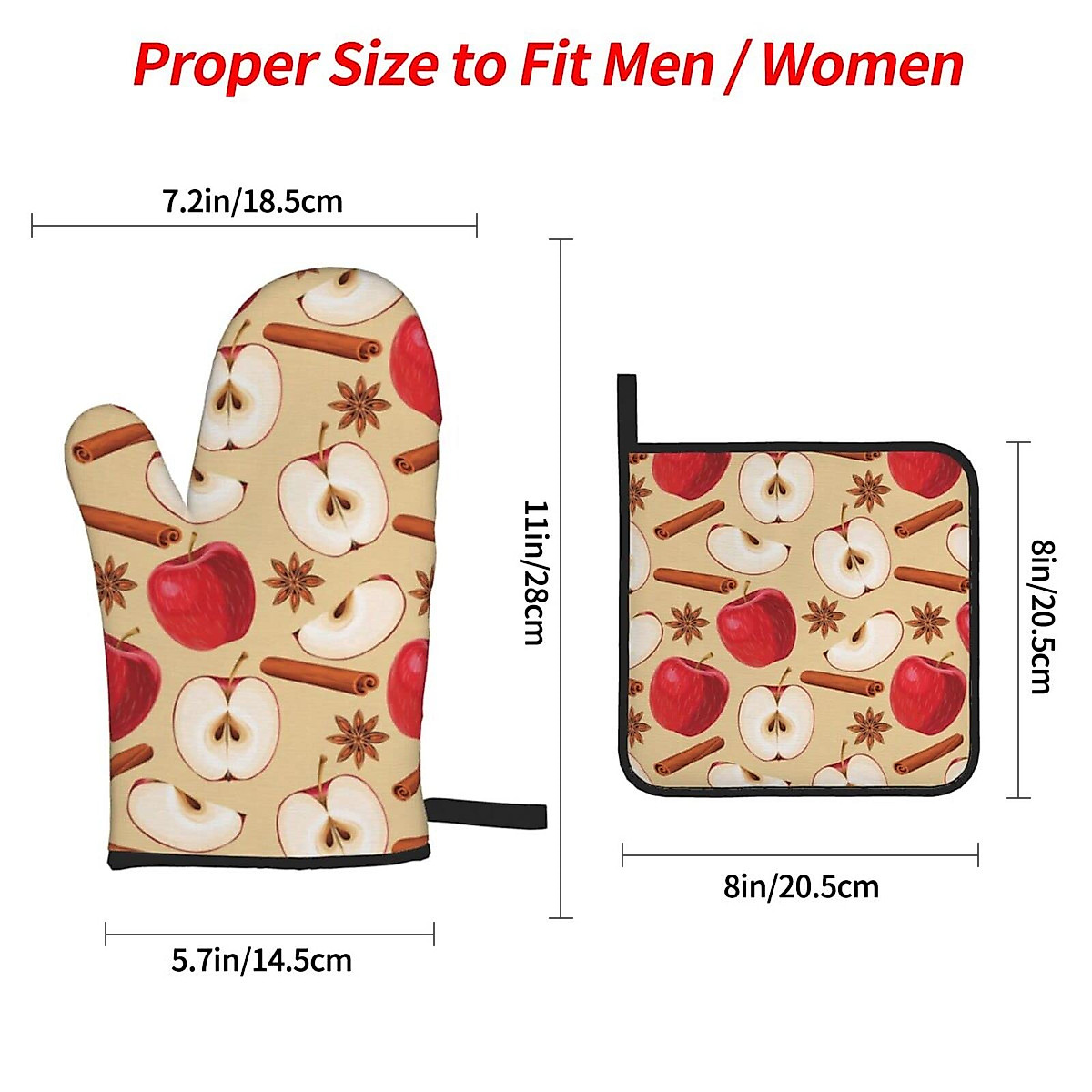 ZHRYMIFE Red Apple Oven Mitts and Pot Holders Sets Kitchen Hot Pad Non-Slip Heat Resistant Waterproof Baking BBQ Cooking Gloves(4 Piece), Black, One Size