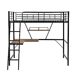 MOEO Twin Size Loft Bed with L-Shaped Desk and Shelf, Metal Steel Bedfram w/Guardrail for Kids, Home, No Spring Box Required, Black