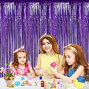Muhome Purple Foil Fringe Curtain, 2PCS 3.28FT x 8.2FT Tinsel Door Curtains & 1 Masking Tape Purple Fringe Backdrop for Wedding Birthday Bachelorette Mardi Gras Carnival Party Decorations