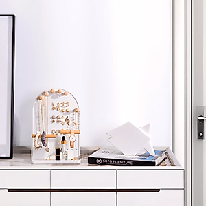 ProCase Cute Jewelry Organizer Stand Earring Holder Organizer for Dorm, Aesthetic Necklace Stand with 6 Removable Wood Hooks, Small Jewelry Display Rack with Bottom Tray for Bracelets Rings -White