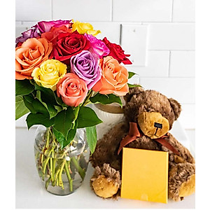 From You Flowers - One Dozen Rainbow Roses with Chocolates & Bear with Free Vase (Fresh Flowers)