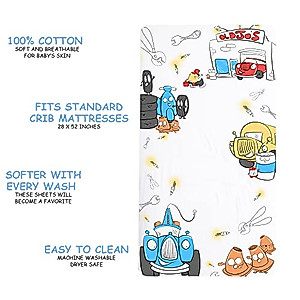 JumpOff Jo - Fitted Crib Sheet, Super Soft 100% Cotton Sheet for Standard Crib Mattresses and Toddler Beds, 28 in. x 52 in, Storytelling Designs - Jo's Garage (White)