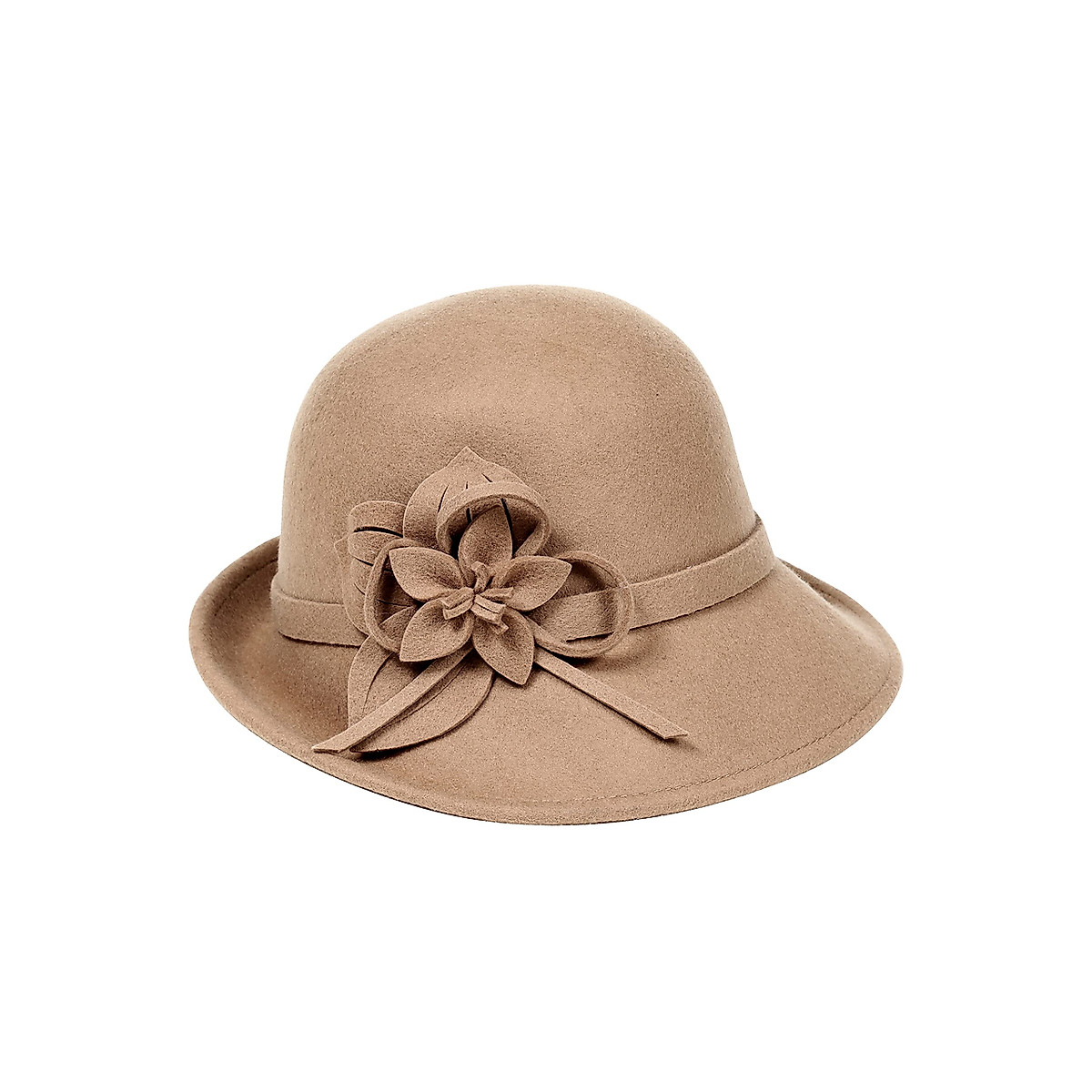 BABEYOND Womens 1920s Bucket Hat Winter Wool Crushable Bowler Hat Vintage Cloche Round Hat with Floral Accent (Camel)